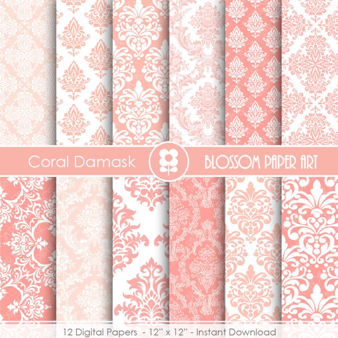 Coral Damask Digital Paper Coral Digital Paper Pack, Scrapbooking ...