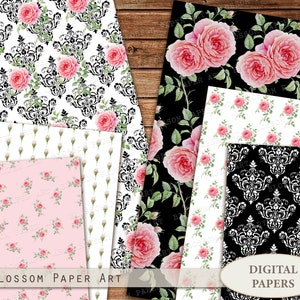 Pink and Black Scrapbooking Paper, Digital Paper, Collage Sheet, Shabby ...