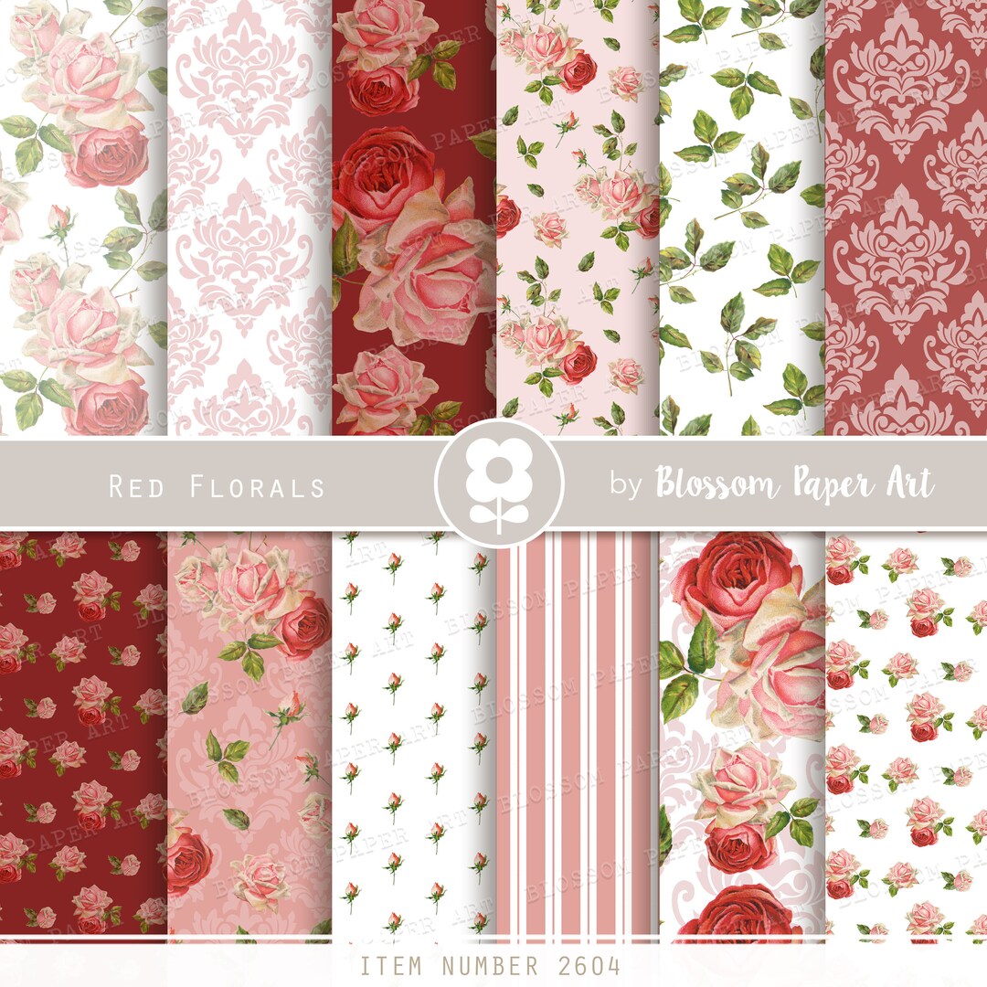 Red Roses Digital Paper, Floral Scrapbook, Rose Paper Pack ...