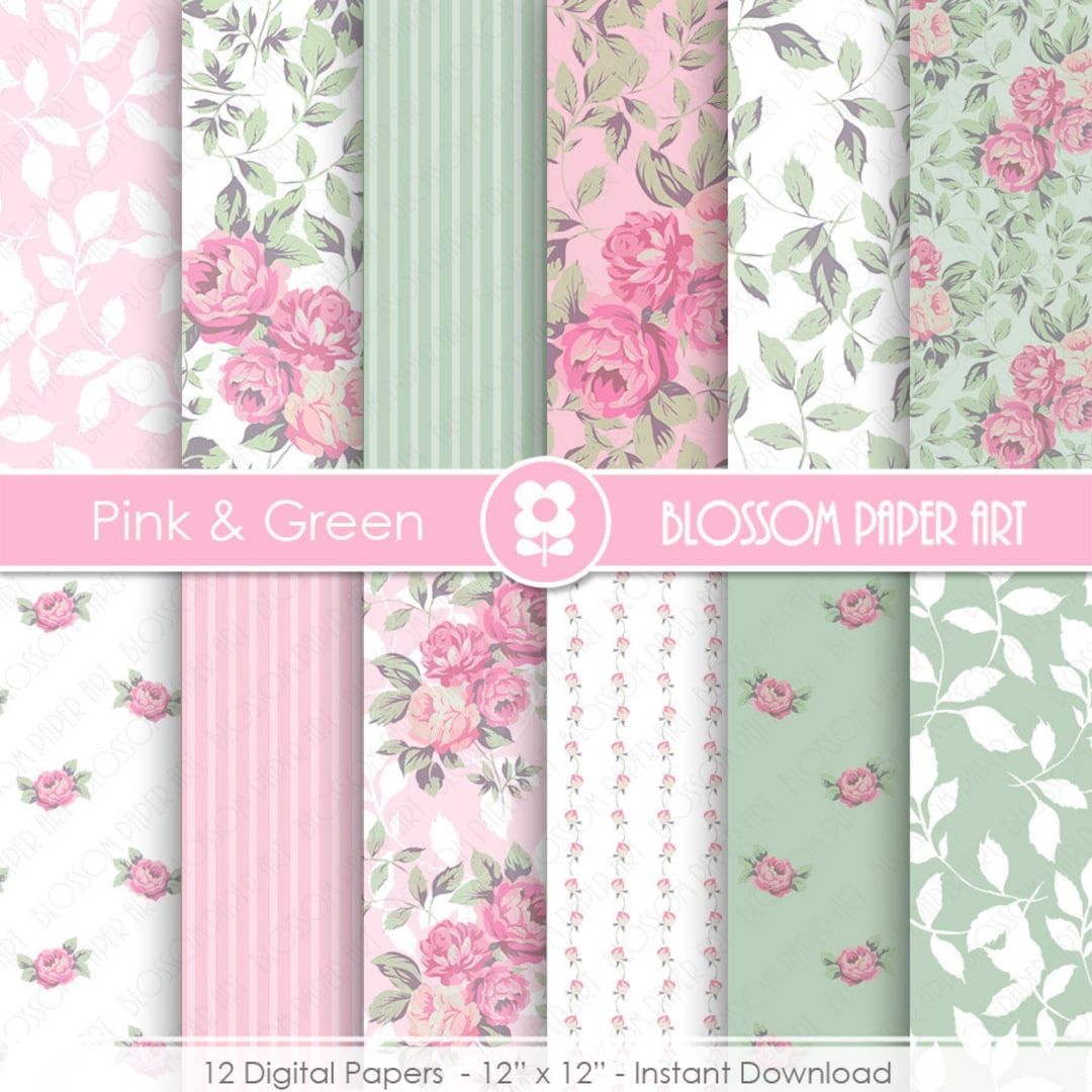 Floral Digital Paper Pack: Pink & Green Roses for Scrapbooking (instant ...