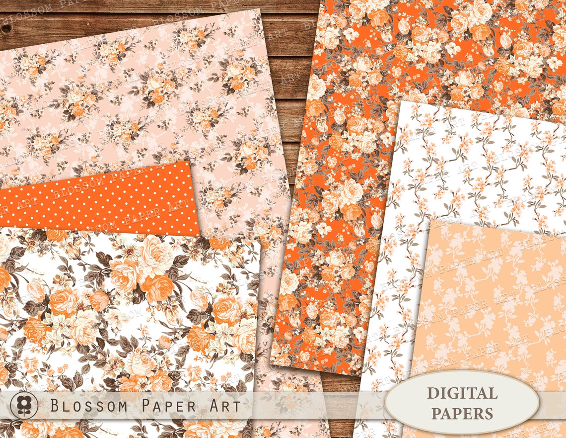 Floral Digital Paper, Orange Scrapbook Papers Autumn Papers, Roses ...