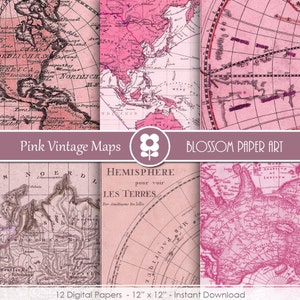 Maps Digital Paper, Pink Old Maps, Antique Maps, Digital Paper Pack ...