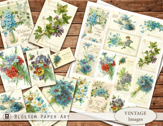 Printable Ephemera Blue Postcards Vintage Floral Cards - Etsy
