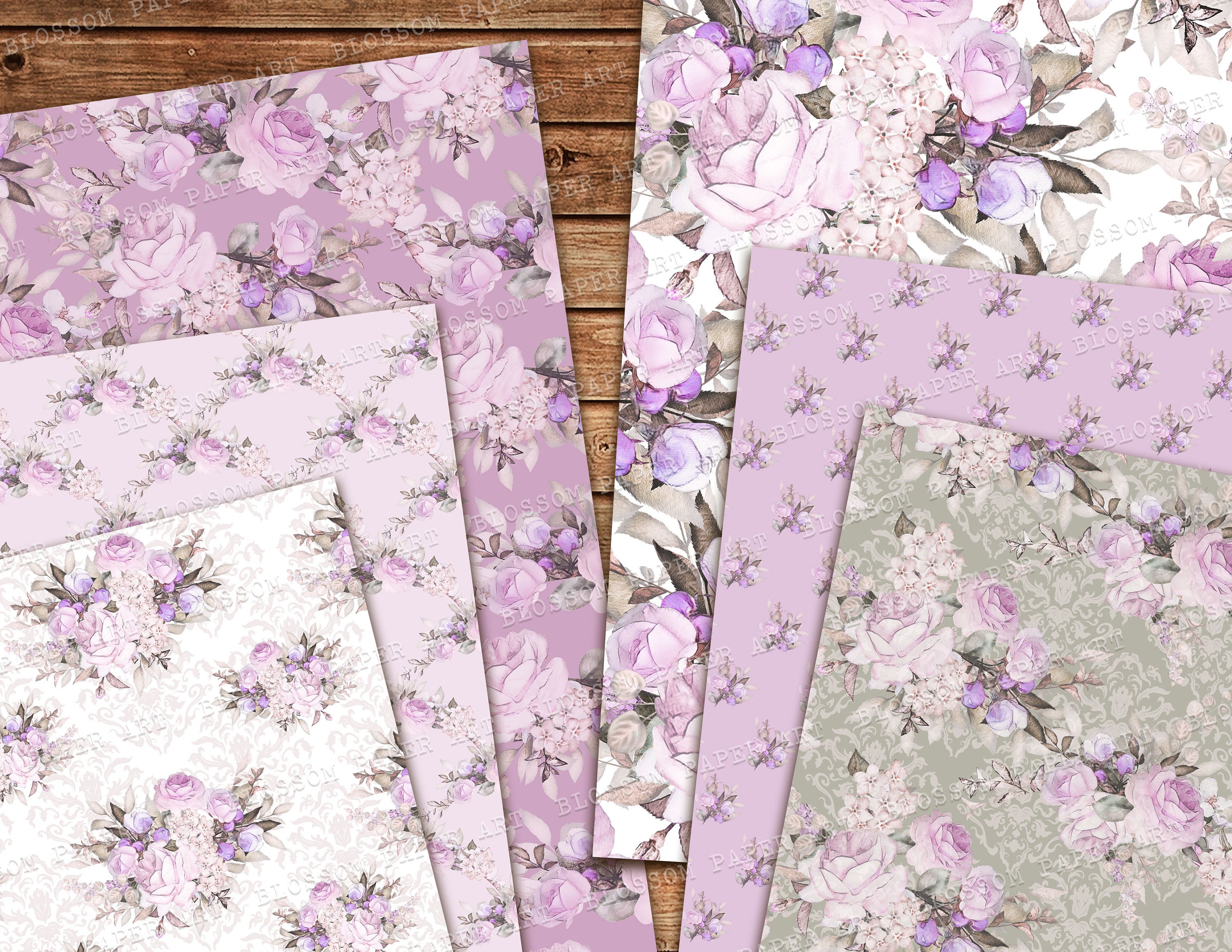 Purple Digital Papers Floral Digital Paper Pack Rose Digital | Etsy