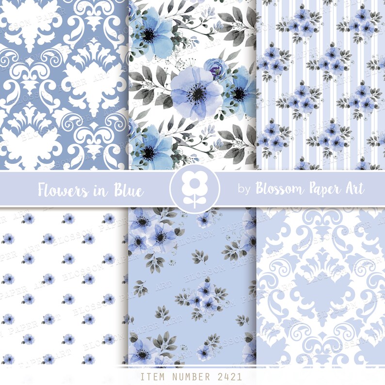 Shabby Chic Flowers Digital Paper Digital Collage Blue Flowers | Etsy