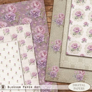 Vintage Purple Floral Digital Paper Pack: Shabby Chic Scrapbook ...
