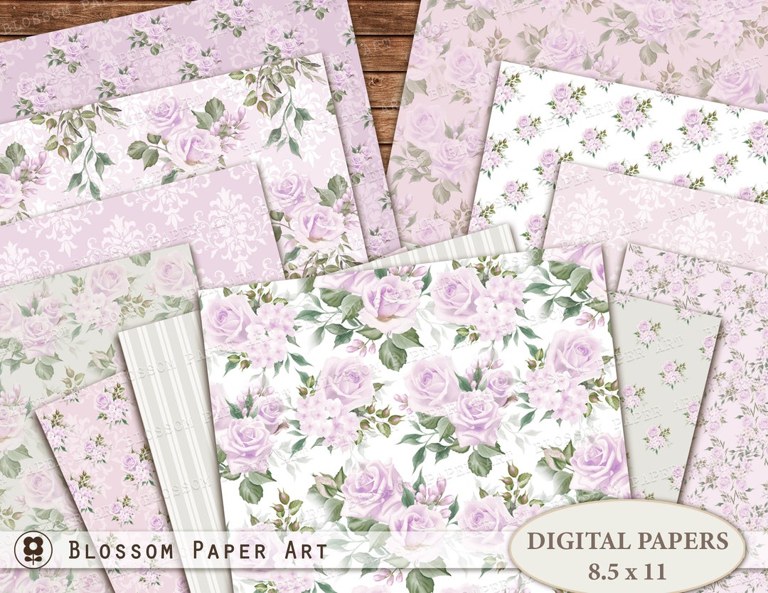 Purple Digital Paper, Roses Scrapbook Paper, Junk Journal Floral ...