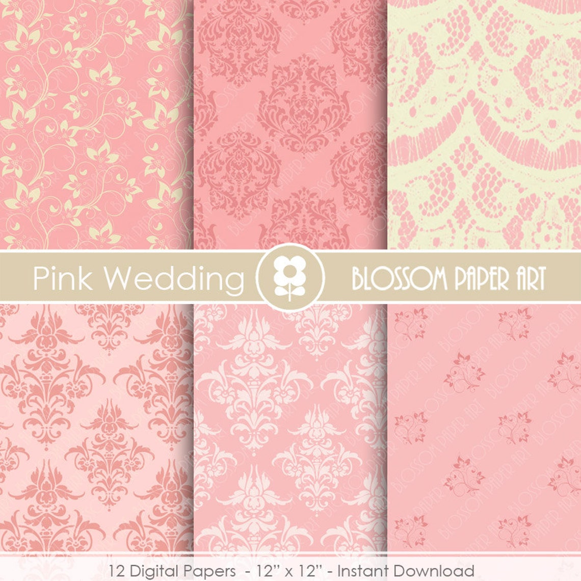 Pink Wedding Digital Paper Wedding Paper Pack Pink Damask - Etsy Canada