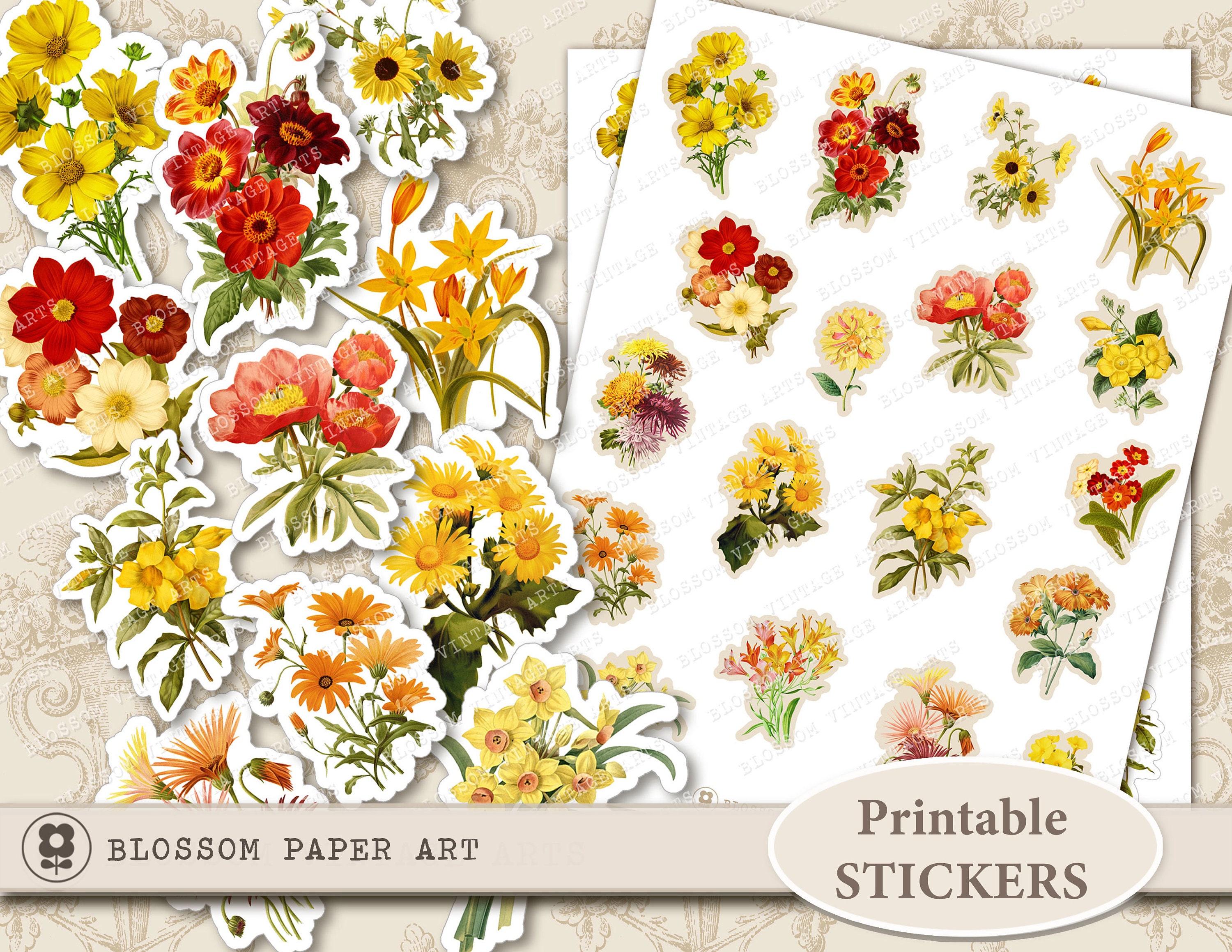 Printable Stickers FLOWERS Digital Collage Vintage Collage - Etsy