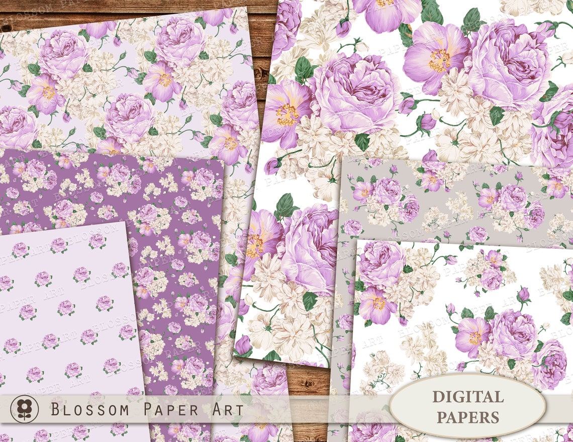 Purple Roses Digital Paper Collage Sheet Shabby Chic Floral | Etsy