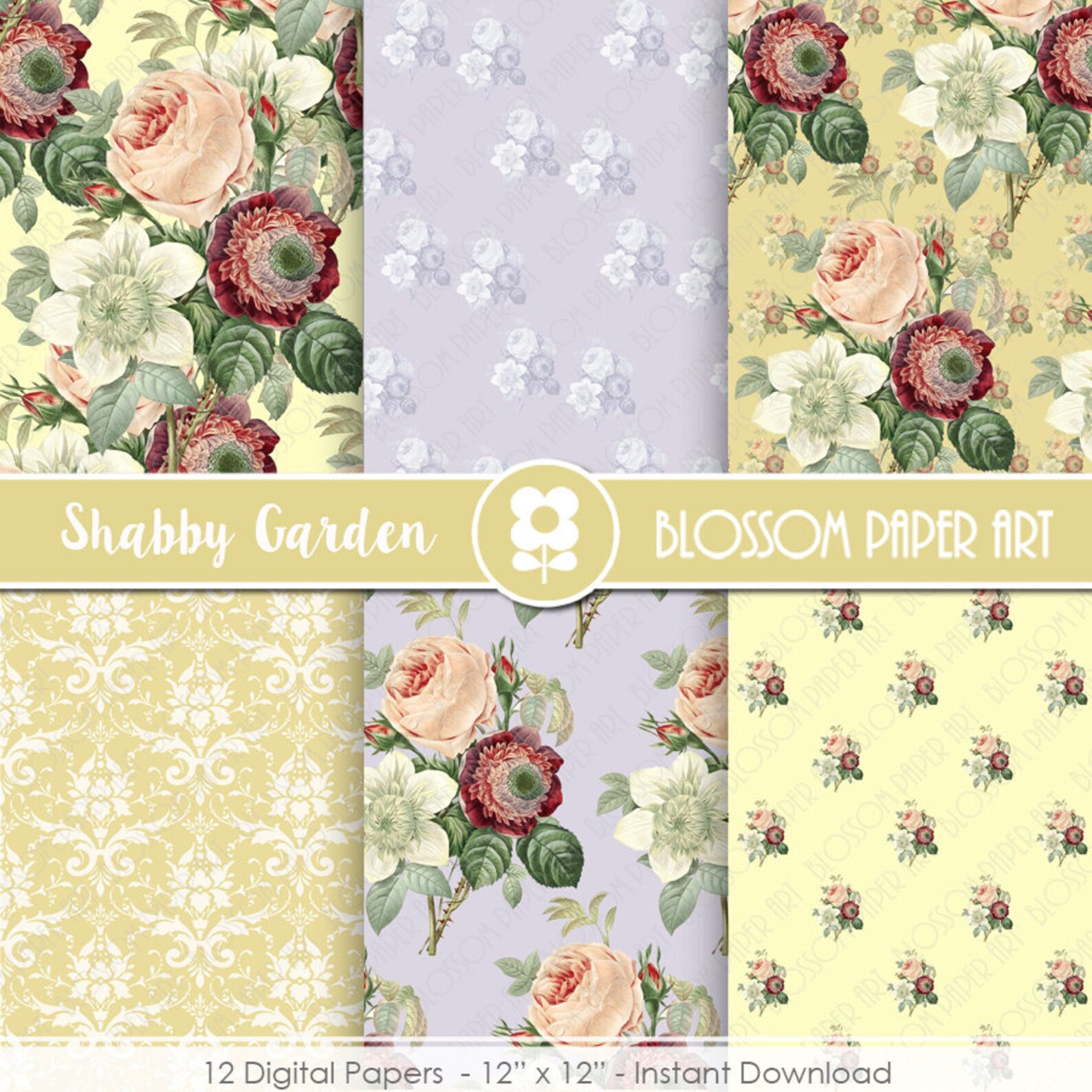 Blue and Yellow Floral Digital Paper Vintage Roses Digital - Etsy