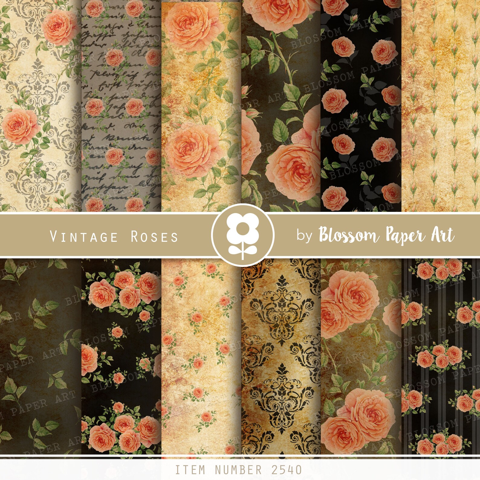 Vintage Digital Paper Black Gold Roses Floral Digital Paper | Etsy