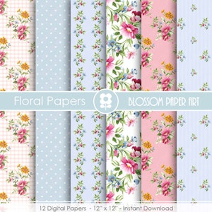 Shabby Chic Digital Paper Pack, Blue and Pink Floral Digital ...