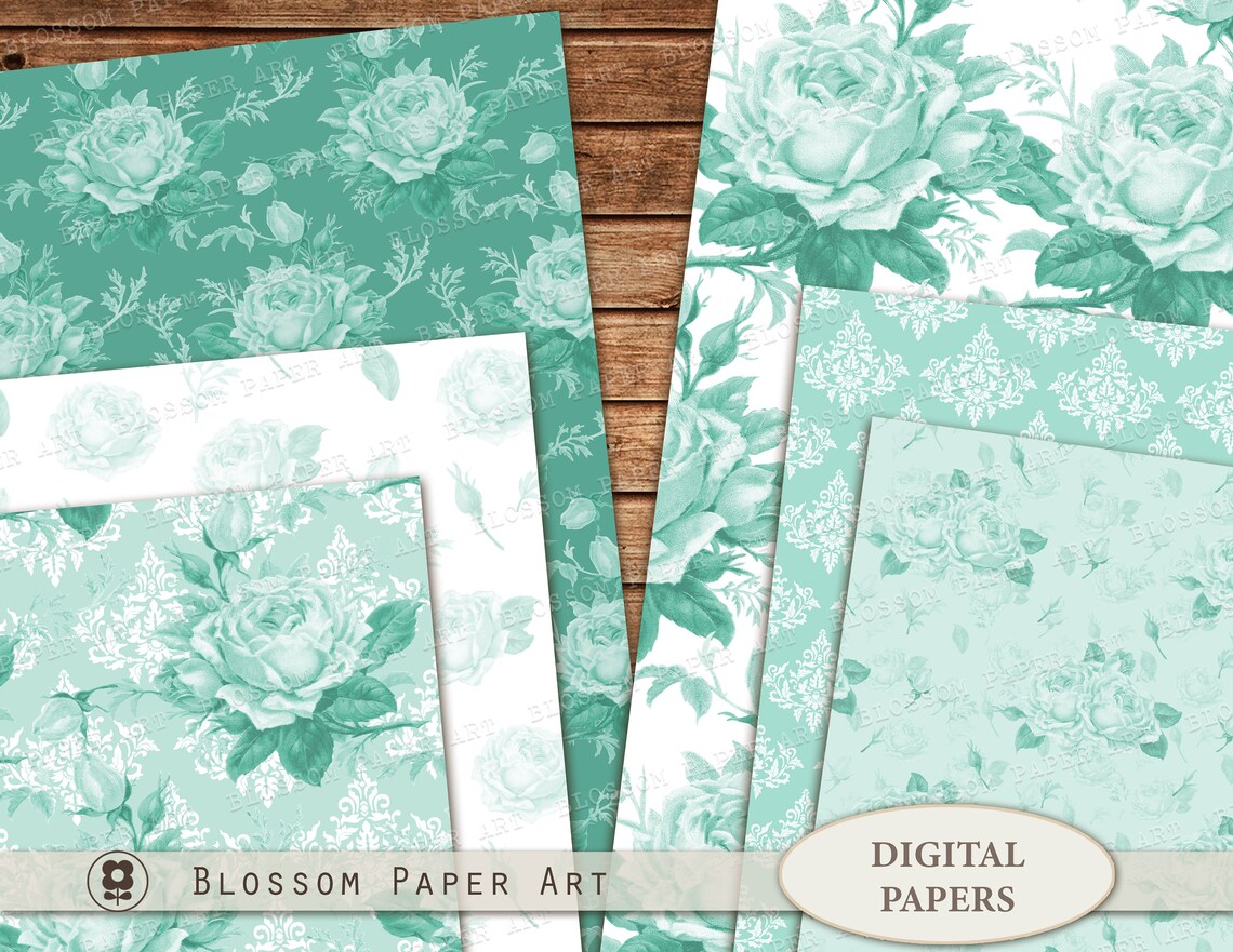 Green Mint Digital Paper Roses Scrapbook Paper Pack Aqua - Etsy