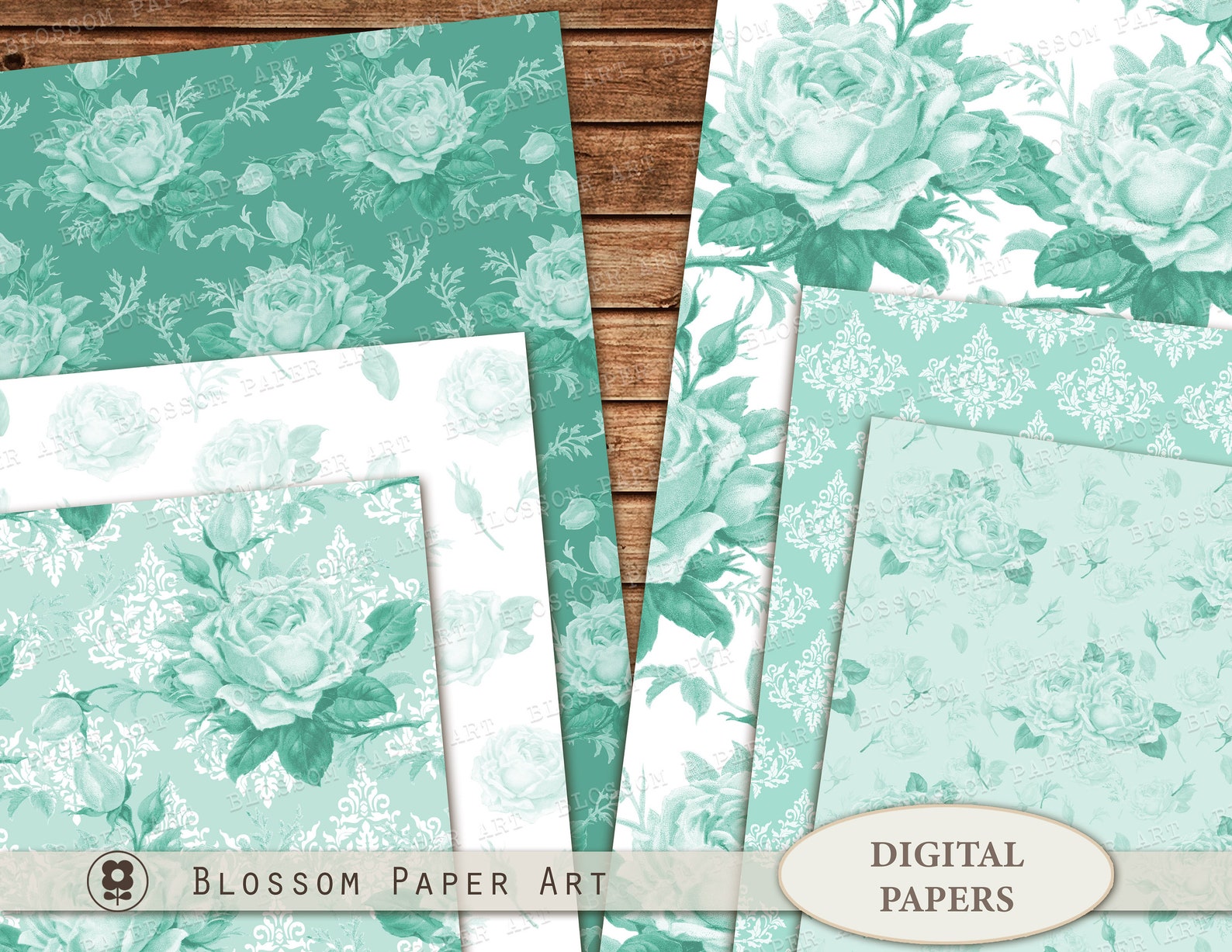 Green Mint Digital Paper Roses Scrapbook Paper Pack Aqua - Etsy