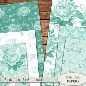 Green Mint Digital Paper, Roses Scrapbook Paper Pack, Aqua Digital ...