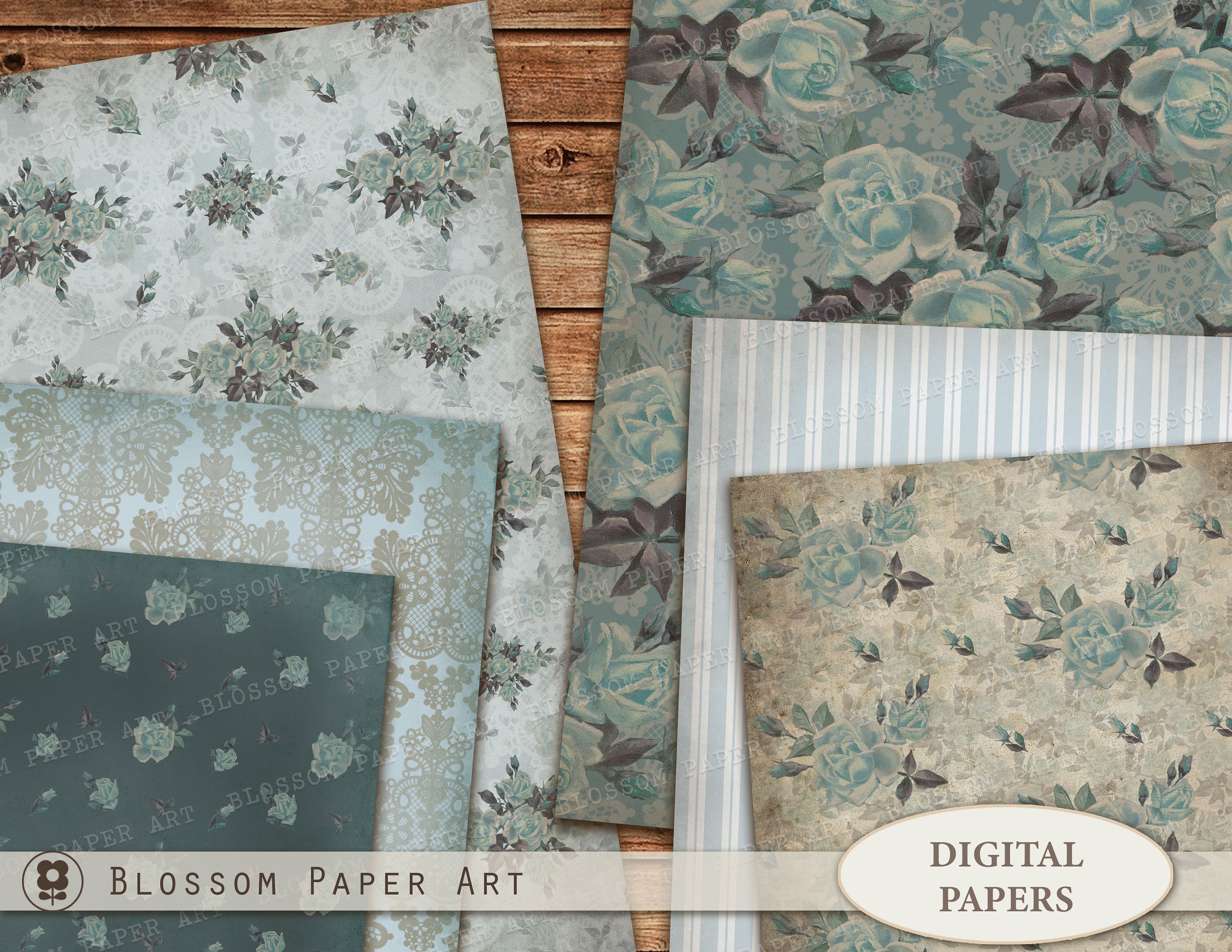 Teal Digital Papers FLORAL Digital Papers Vintage Scrapbook | Etsy