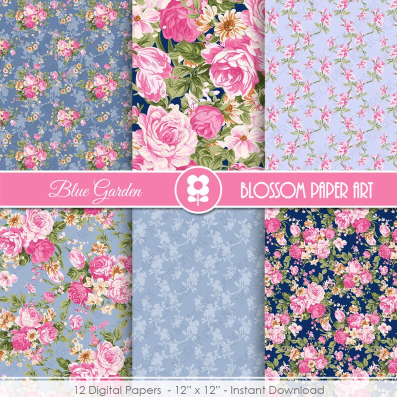 Blue Floral Digital Paper Pack: Scrapbooking Designs (digital Download ...