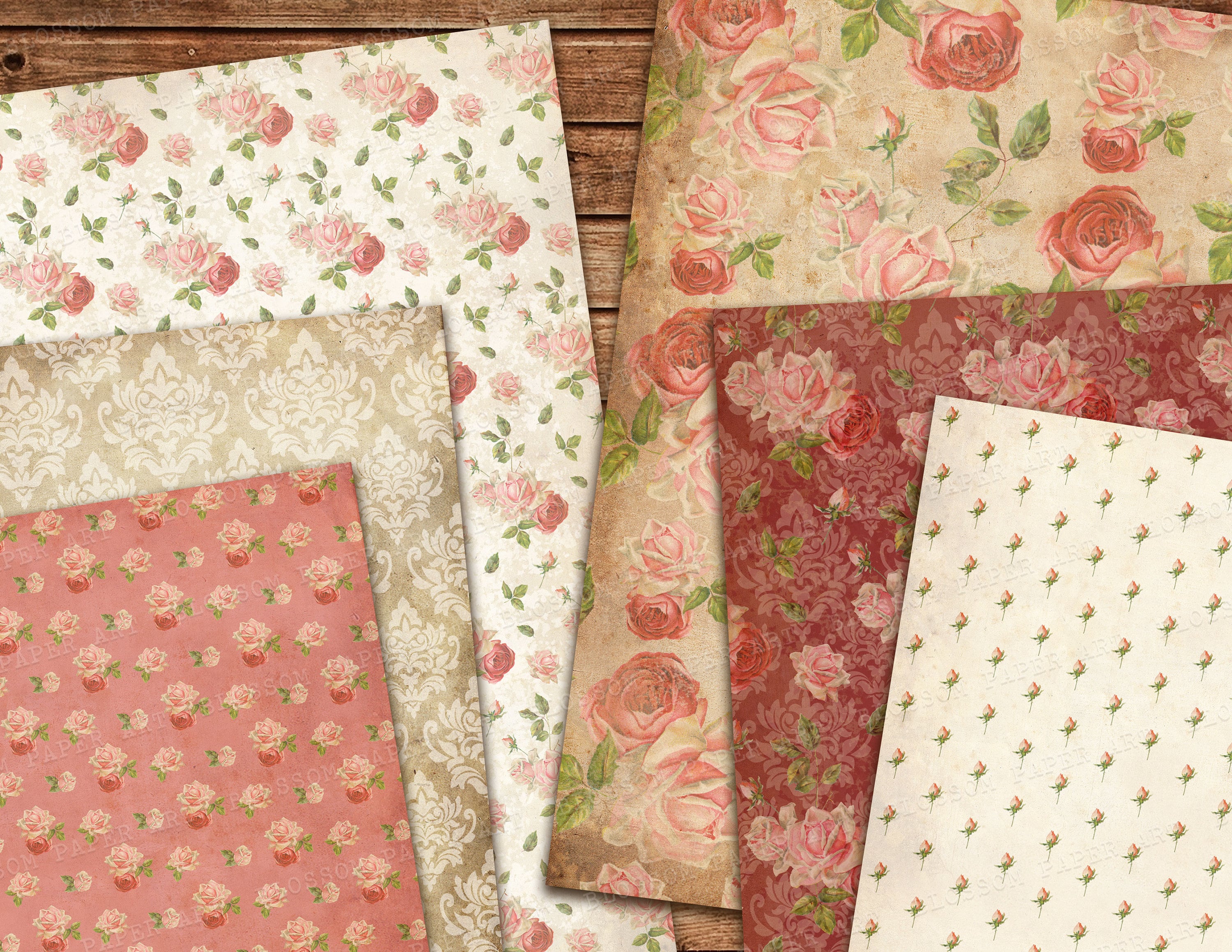 Vintage Red Roses Digital Paper Pack: Scrapbook Collage Sheets (digital ...