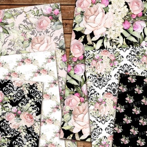 Floral Pink and Black Digital Paper Pack: Scrapbooking (instant ...