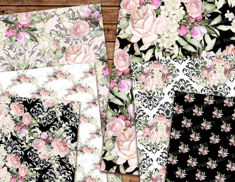 Floral Pink and Black Digital Paper Pack: Scrapbooking (instant ...