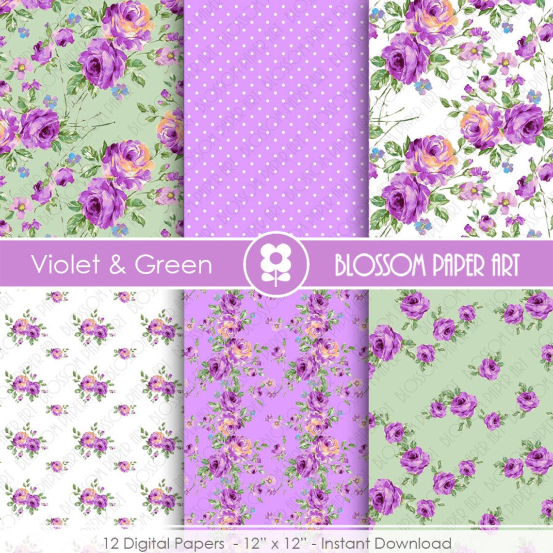 Violet Floral Papers Rose Digital Paper Pack Violet Green - Etsy