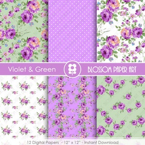 Violet Floral Papers, Rose Digital Paper Pack, Violet Green Digital ...