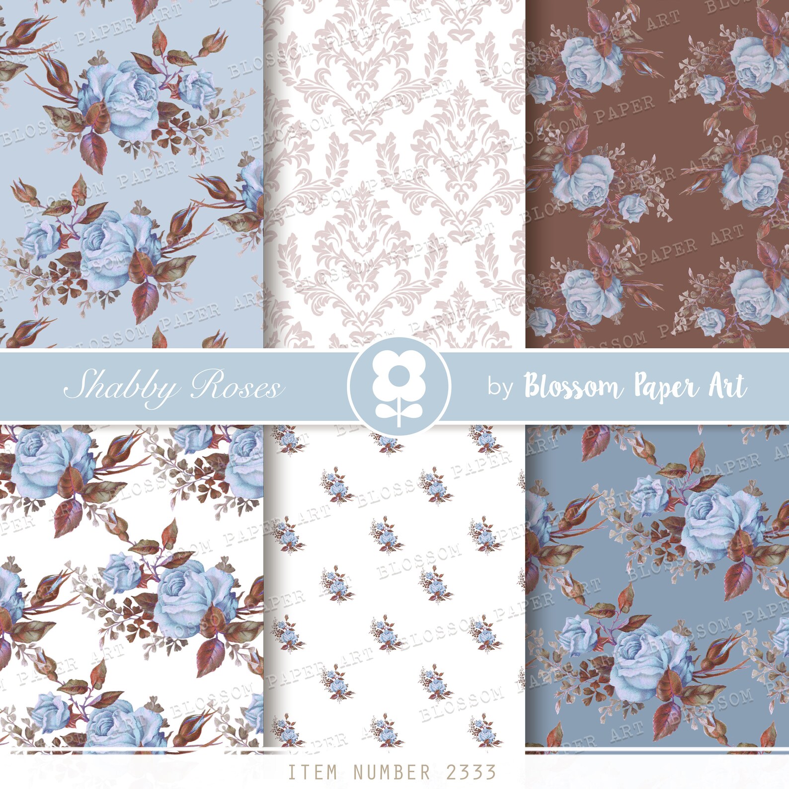 Blue and Brown Digital Paper Rose Digital Paper Pack Floral - Etsy