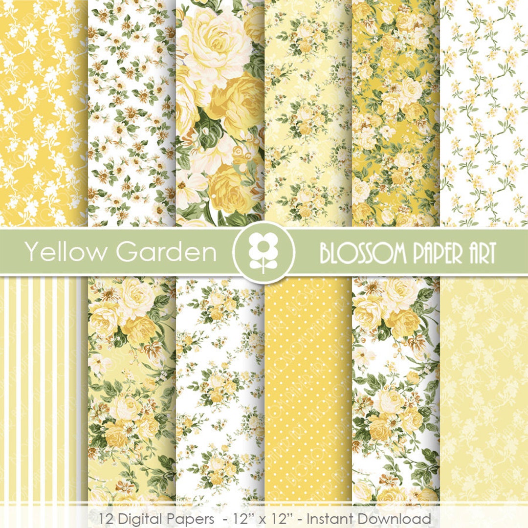 Yellow Floral Digital Paper Pack: Rose Scrapbooking Papers (digital ...