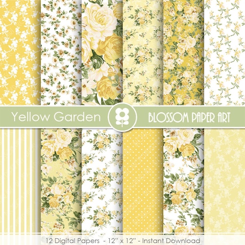 Yellow Digital Paper Rose Digital Paper Pack Floral - Etsy