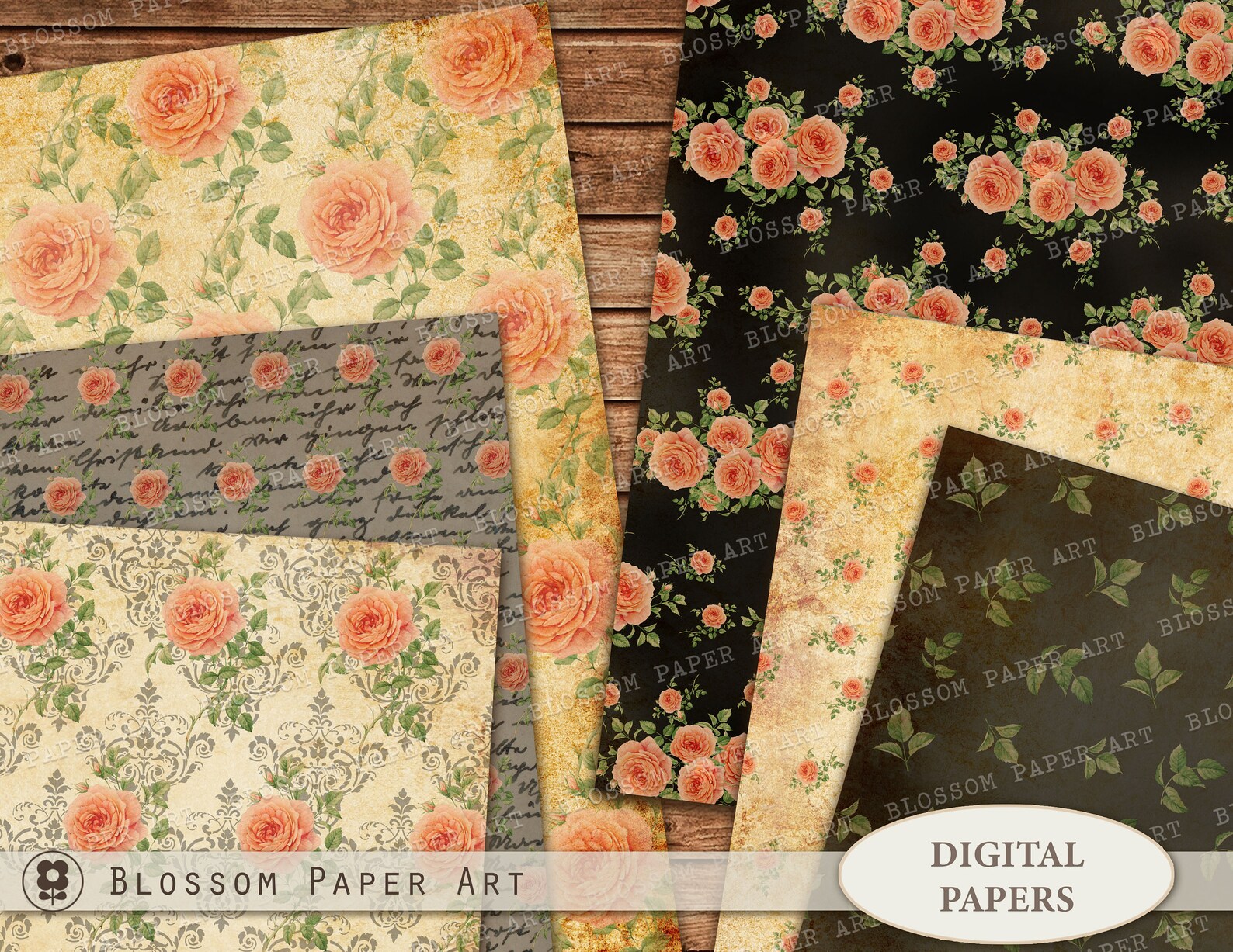Vintage Digital Paper Black Gold Roses Floral Digital Paper | Etsy