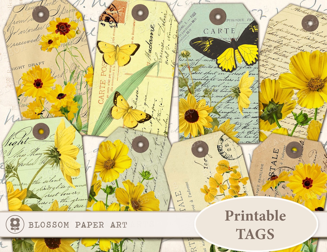 Printable FLORAL Gift Tags Vintage Flowers Digital Collage Sheet ...