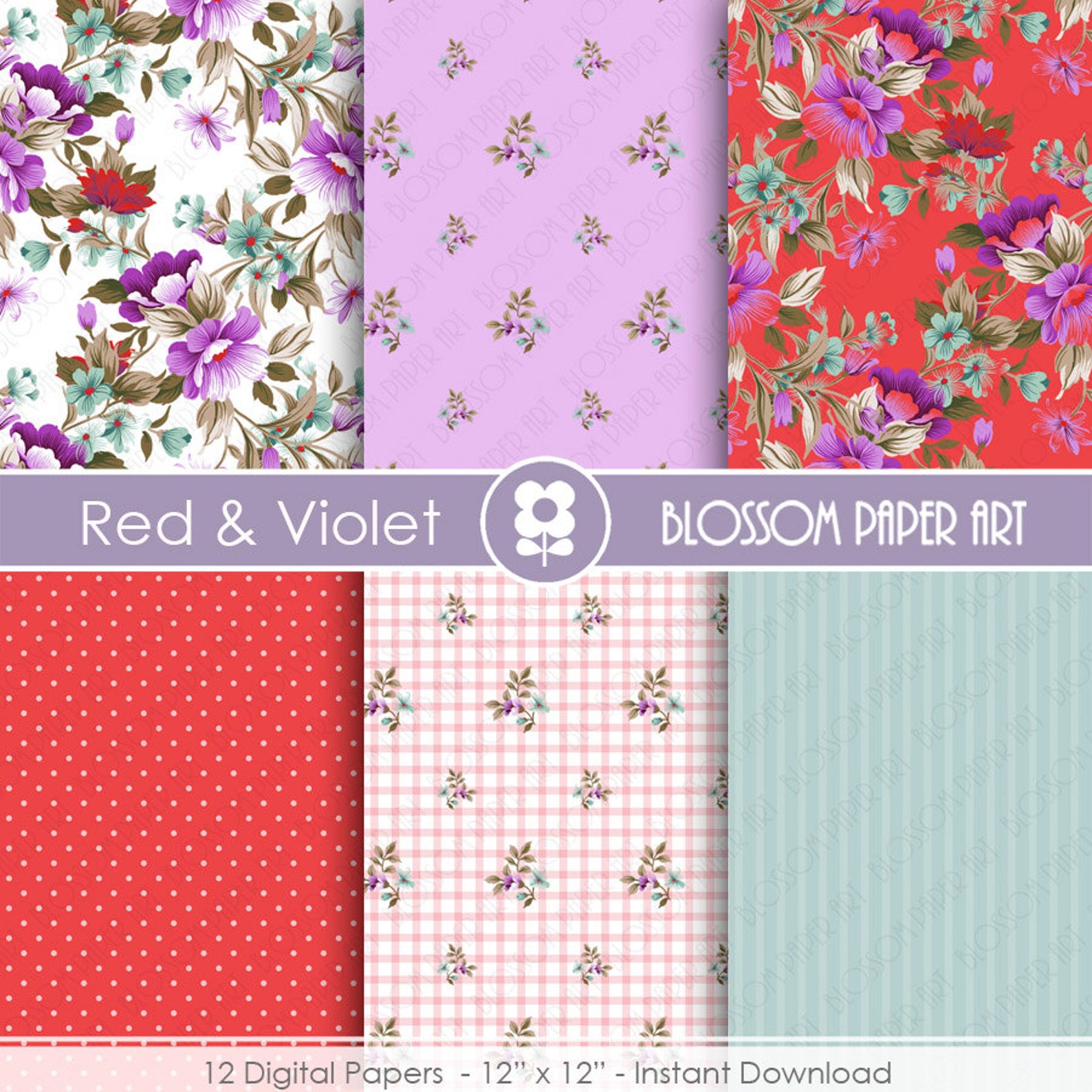 Red & Violet Floral Digital Paper: Scrapbooking Designs (instant ...