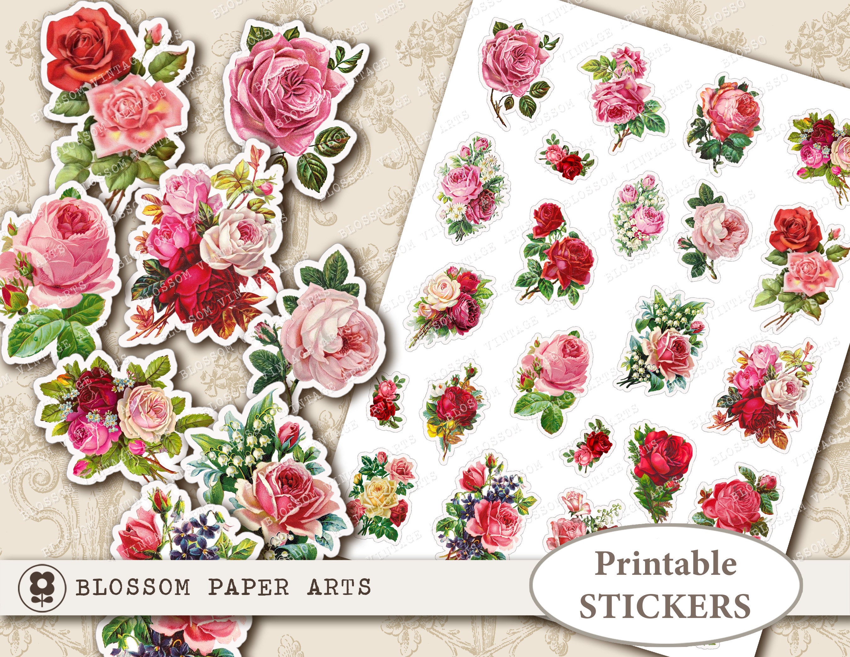 Printable Stickers Vintage ROSES Stickers Digital Collage - Etsy