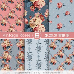 Rose Digital Paper, Pink Blue Floral Digital Paper Pack, Pink Roses ...