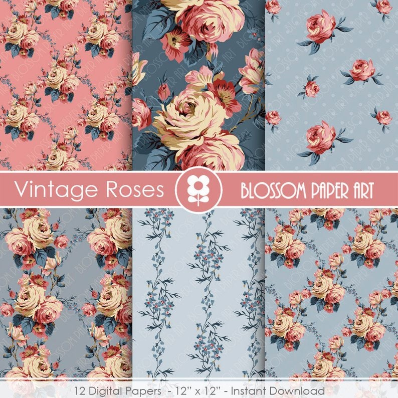 Rose Digital Paper Pink Blue Floral Digital Paper Pack Pink | Etsy