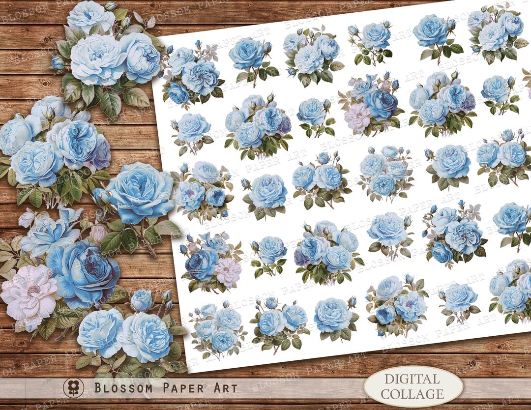 Blue Flowers Collage Sheet, Printable Roses for Junk Journal, Digital ...