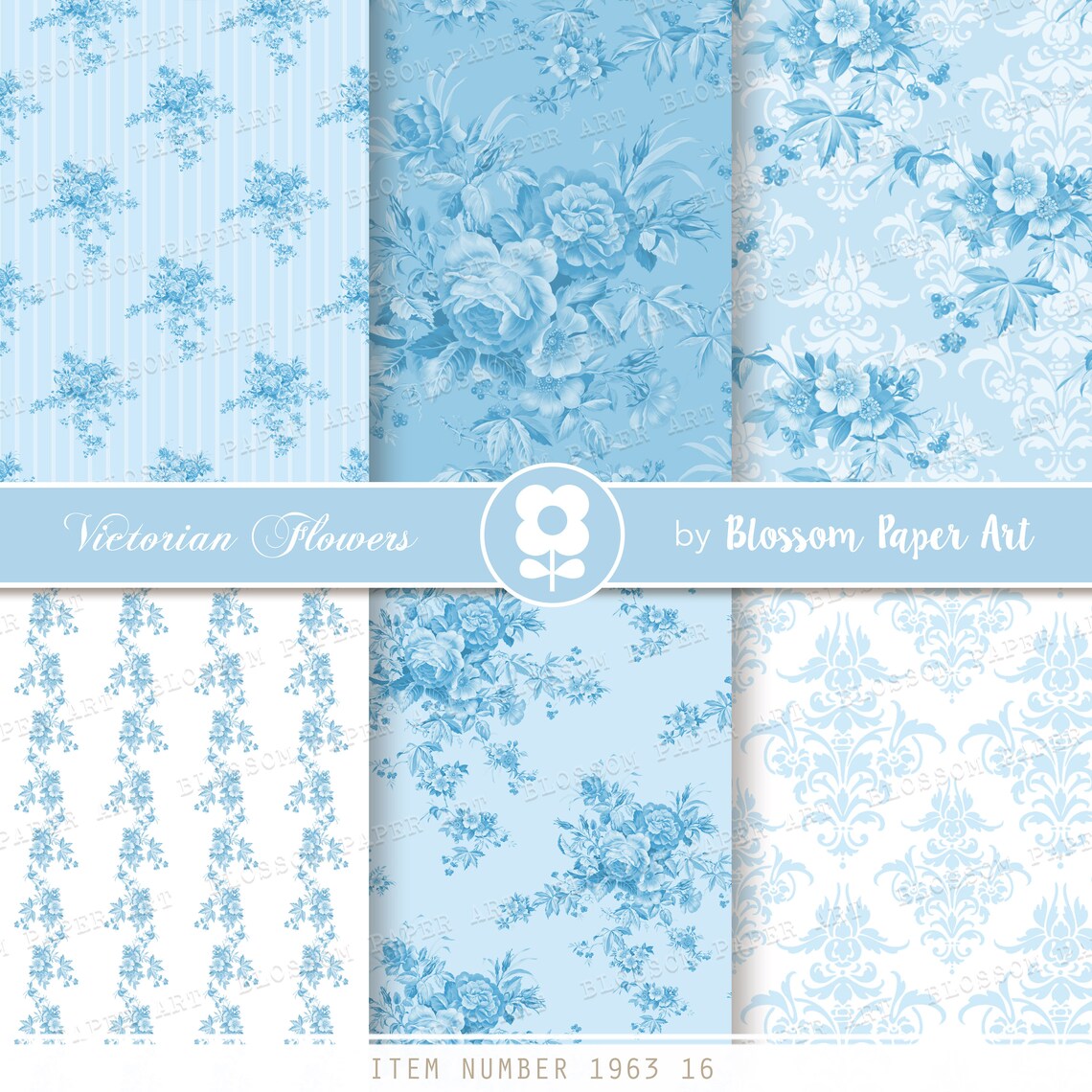 Light Blue Floral Digital Paper Rose Collage Sheets Digital Download