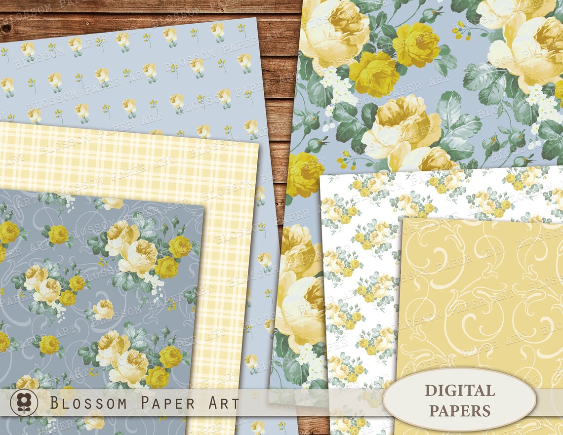 Blue Floral Digital Paper Yellow Digital Paper Pack Rose | Etsy