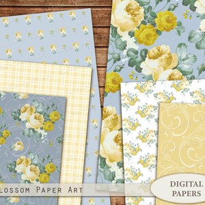 Blue Floral Digital Paper, Yellow Digital Paper Pack, Rose Scrapbook ...