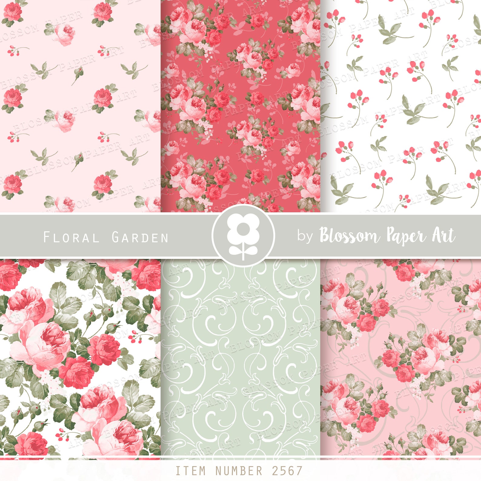 Scrapbook Paper Floral Digital Paper Pink Roses Coral | Etsy