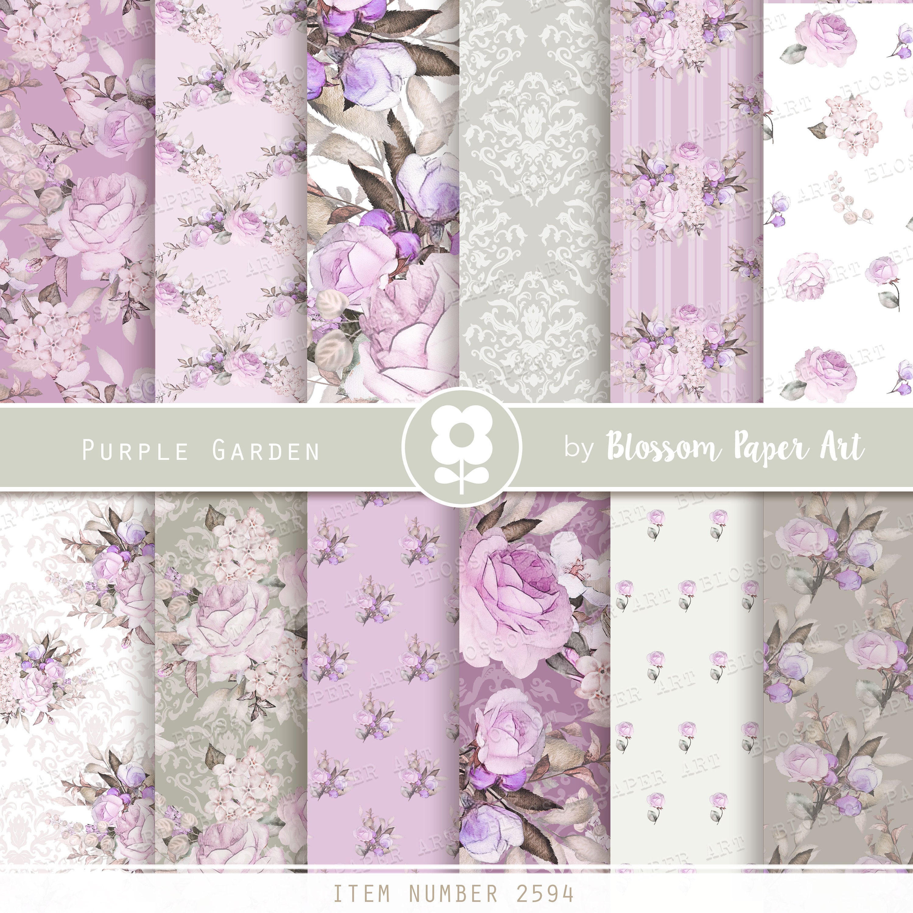 Purple Digital Papers Floral Digital Paper Pack Rose Digital | Etsy