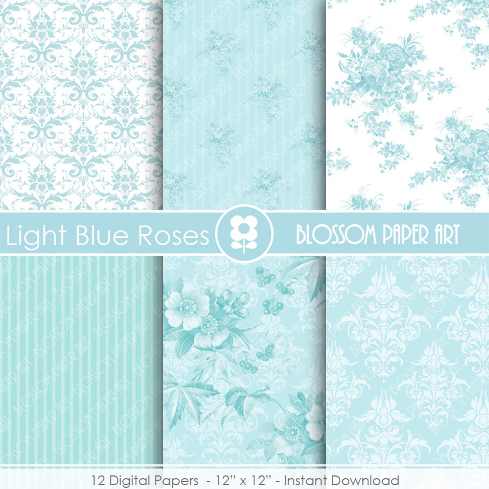 Light Blue Digital Paper Floral Digital Paper Pack Wedding | Etsy