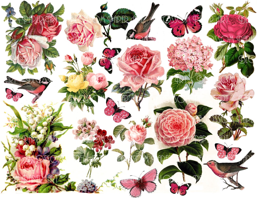 Vintage Pink Flowers Digital Collage Sheet, Vintage Floral Collage ...