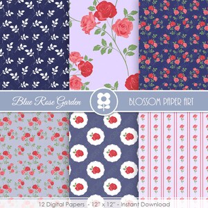 Blue Digital Paper, Floral Digital Paper Pack, Scrapbooking Flowers ...