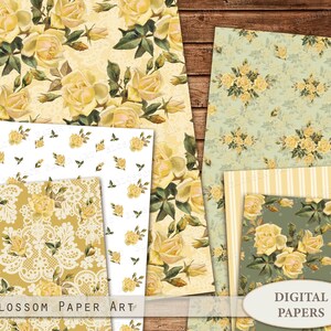 Yellow Digital Paper, Floral Scrapbook Paper, Roses Digital Paper ...