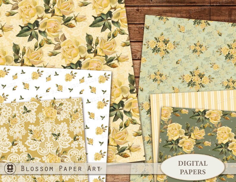 Yellow Digital Paper Floral Scrapbook Paper Roses Digital | Etsy