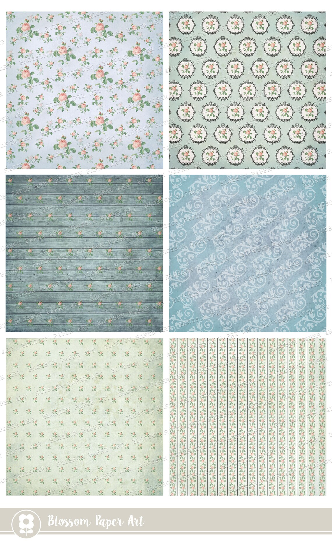 Rose Digital Paper VINTAGE Blue Floral Digital Paper Pack | Etsy