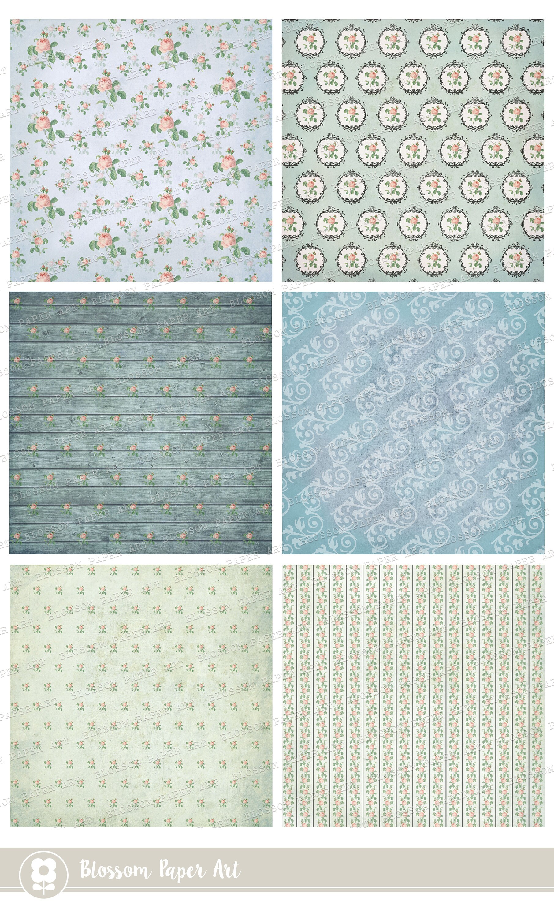 Rose Digital Paper VINTAGE Blue Floral Digital Paper Pack | Etsy