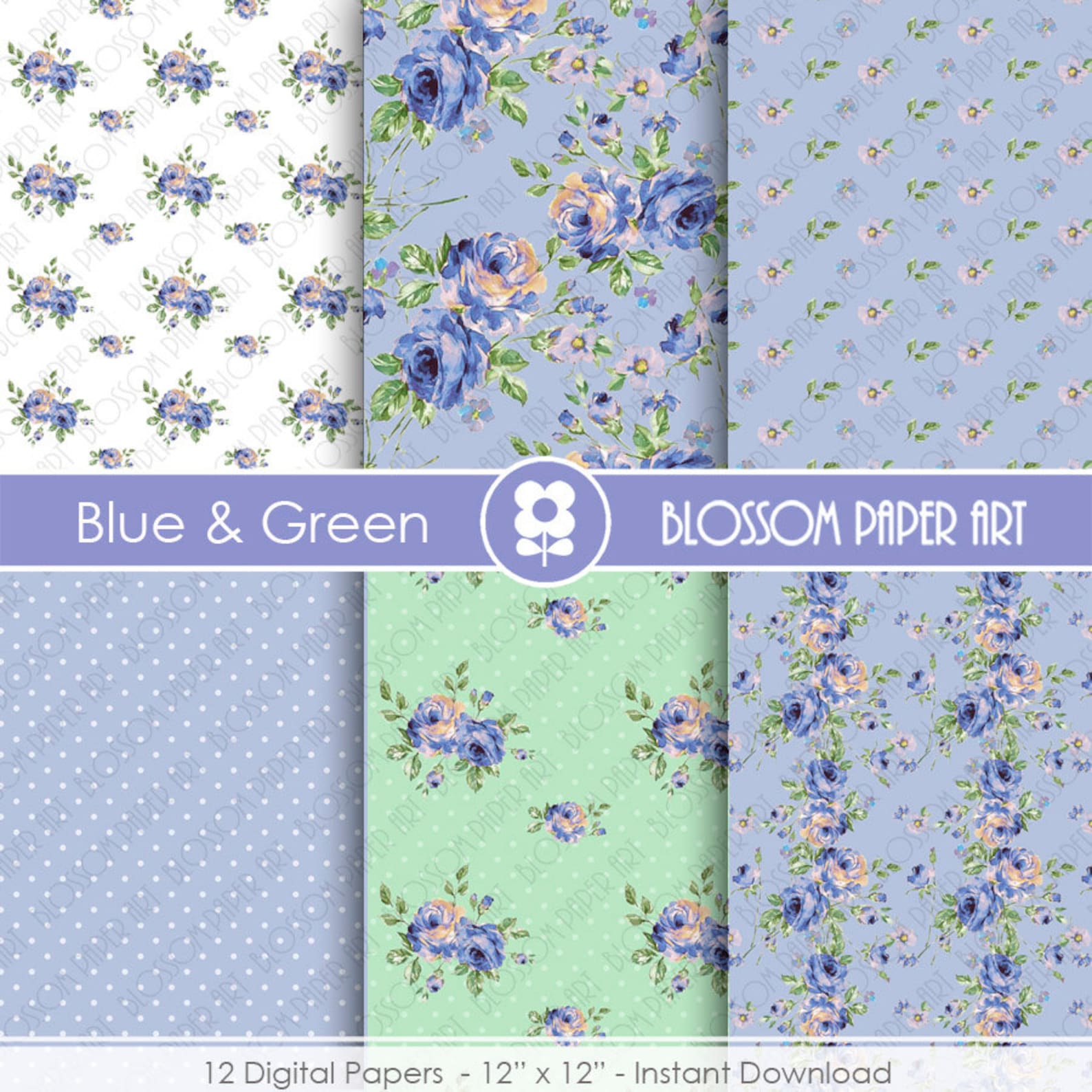 Floral Papers Blue Green Floral Digital Paper Pack - Etsy